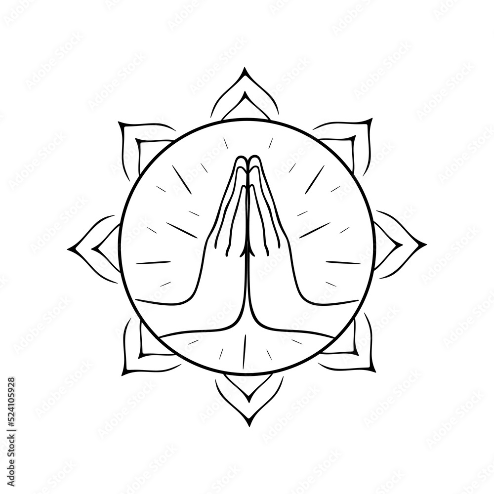 Mudra Namaste with the sun. Hand gesture. Symbol of Buddhism, Hinduism ...