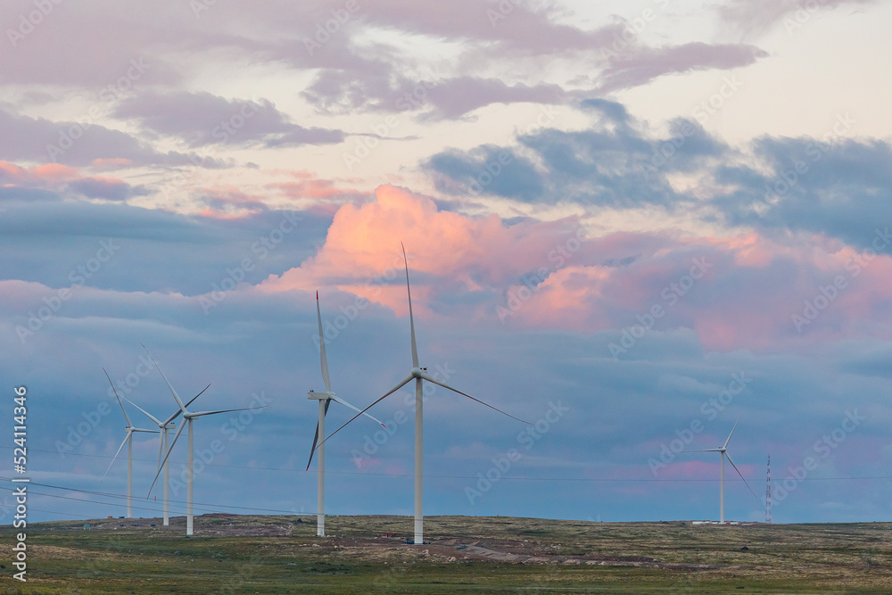 White wind turbines installed in scandinavian tundra, background blue ...