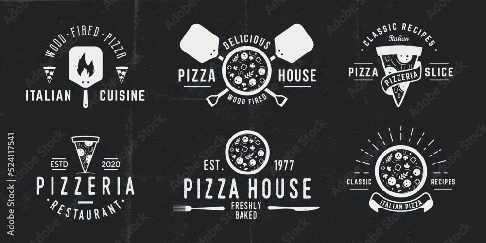 Vetor do Stock: 6 Pizza logo, emblems, posters for pizzeria and bakery ...