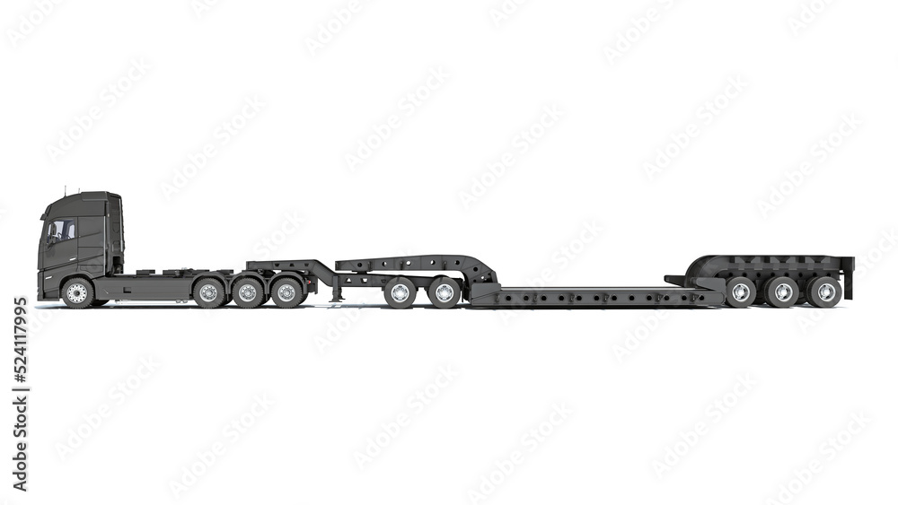 Truck with Lowboy Trailer 3D rendering on white background Stock ...