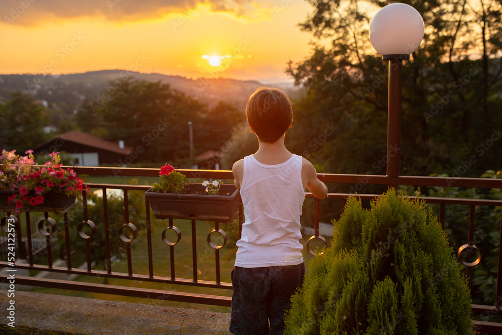 Preteen boy, standing backwards to camera, enjoying amazing sunset and ...