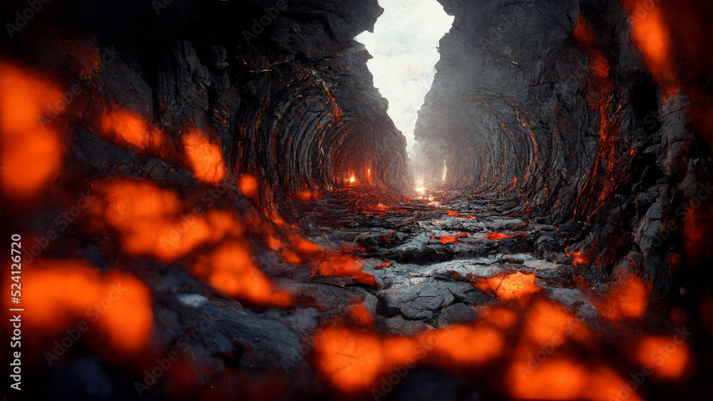 Lava tube inside with big crack at the top. Digital Art 3d Illustration ...