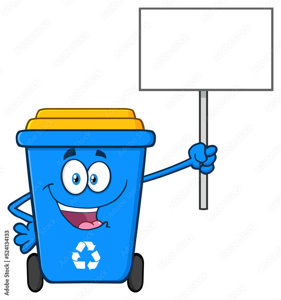 Happy Blue Recycle Bin Cartoon Mascot Character Holding Up A Blank Sign ...