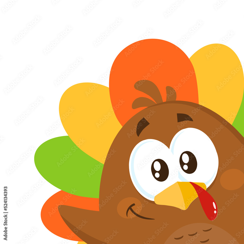 Happy Turkey Bird Cartoon Character Waving From A Corner. Hand Drawn ...
