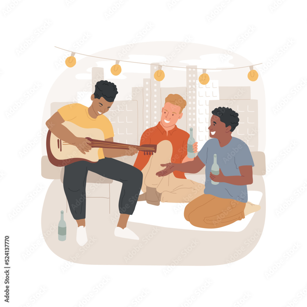 Vetor de At the rooftop isolated cartoon vector illustration. Guys ...