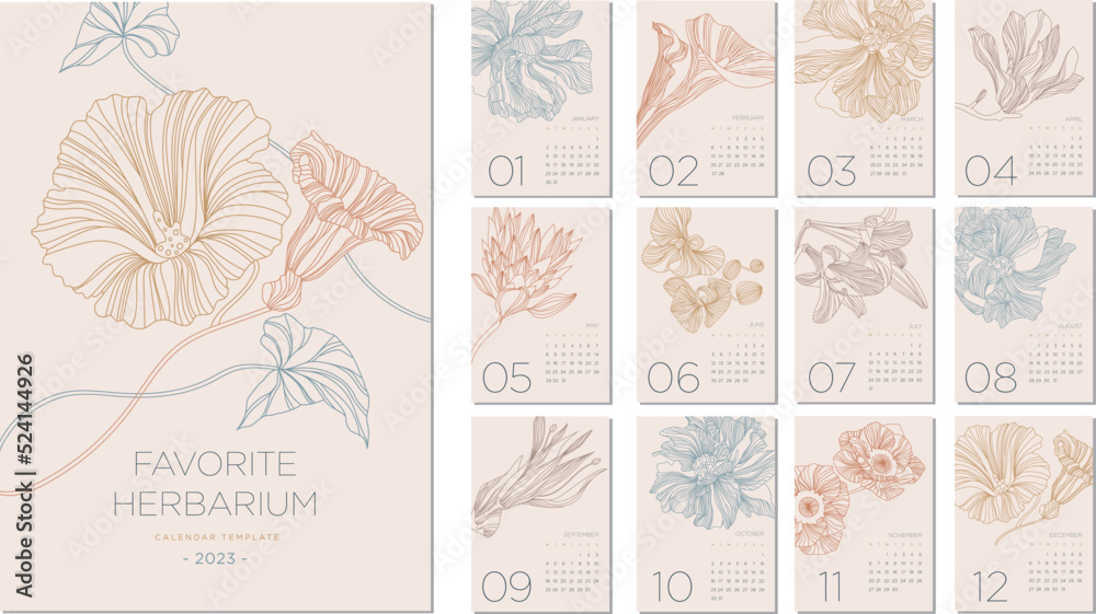 2023 calendar layout on a botanical theme. Calendar design concept with ...