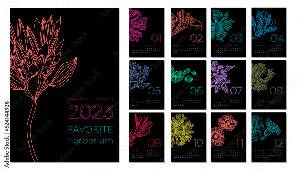 2023 calendar template on a botanical theme. Modern calendar design ...
