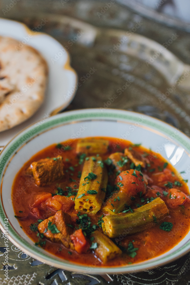 Bamya Bamia okra beef middle eastern Persian Iraqi stew in white bowl ...