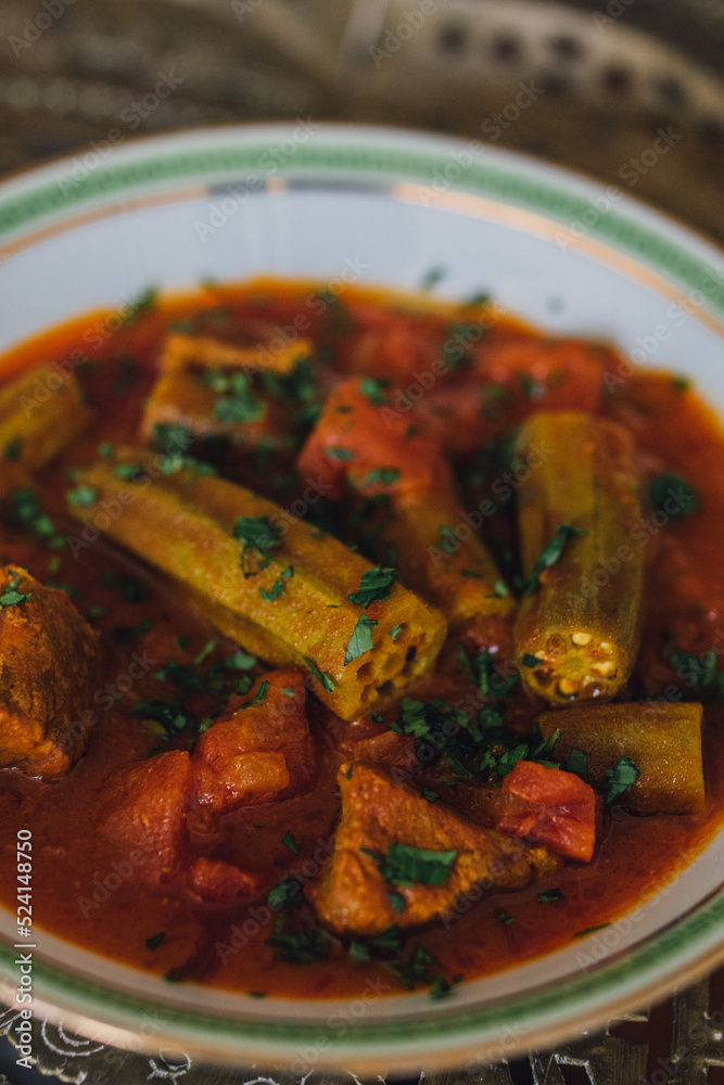 Bamya Bamia okra beef middle eastern Persian Iraqi stew in white bowl ...