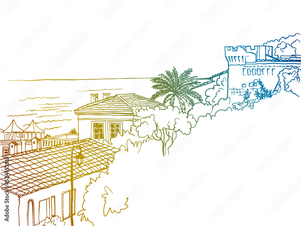 Nice view of the sea, old houses and the ancient fortress. Monaco ...