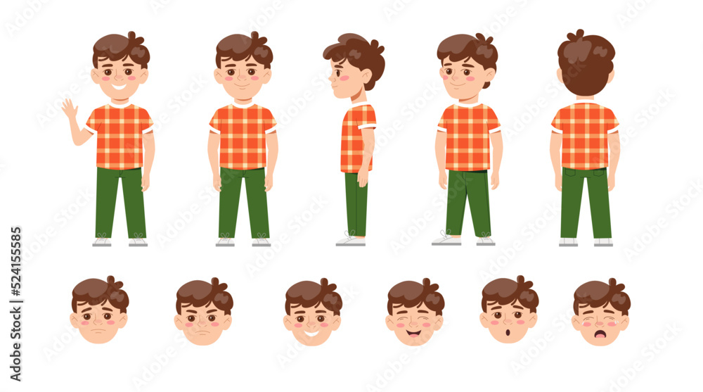 Little boy character. Full length child and face with different ...