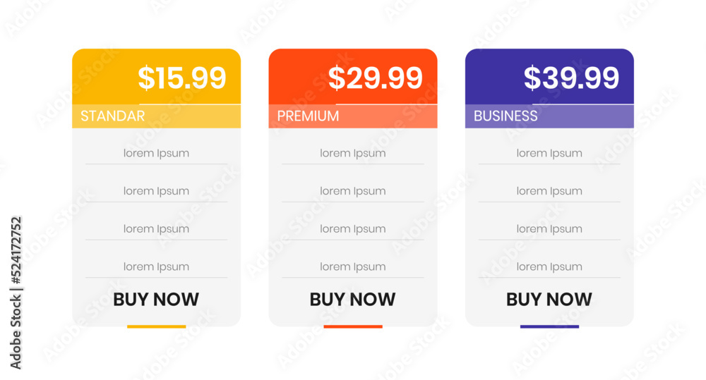 Pricing table concept design three service subscription plan table ...