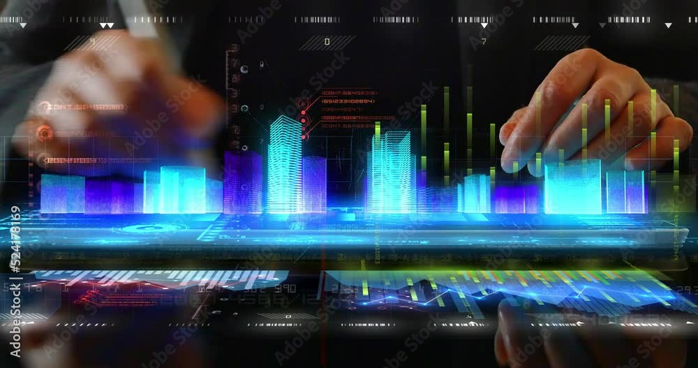 4K Human Finger Turns on Touch Futuristic Screen Button;financial stock ...