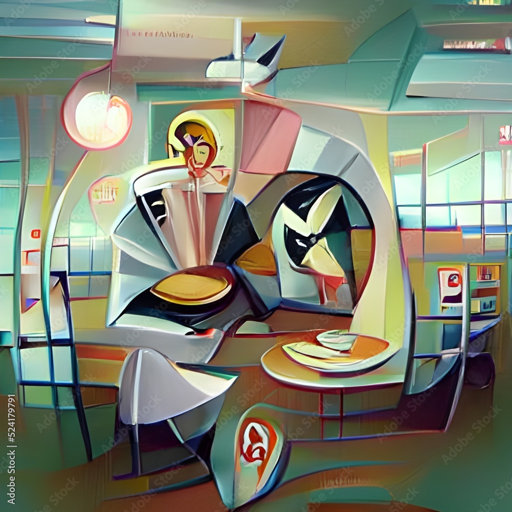 1950's cubism style restaurant scene, american diner in abstract ...