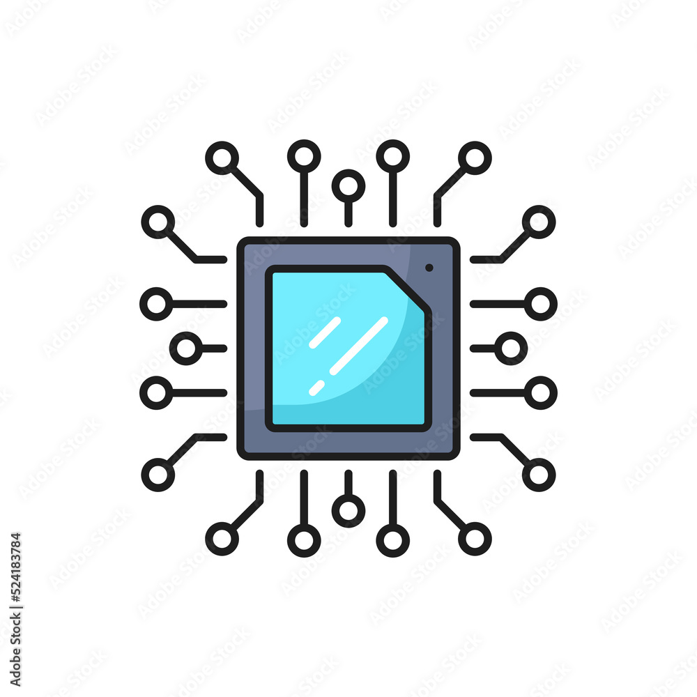 Computer chip, semiconductor technology outline icon. Computer and ...