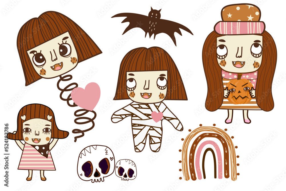 Collection of cute ghost element on white background.hand drawn set of ...