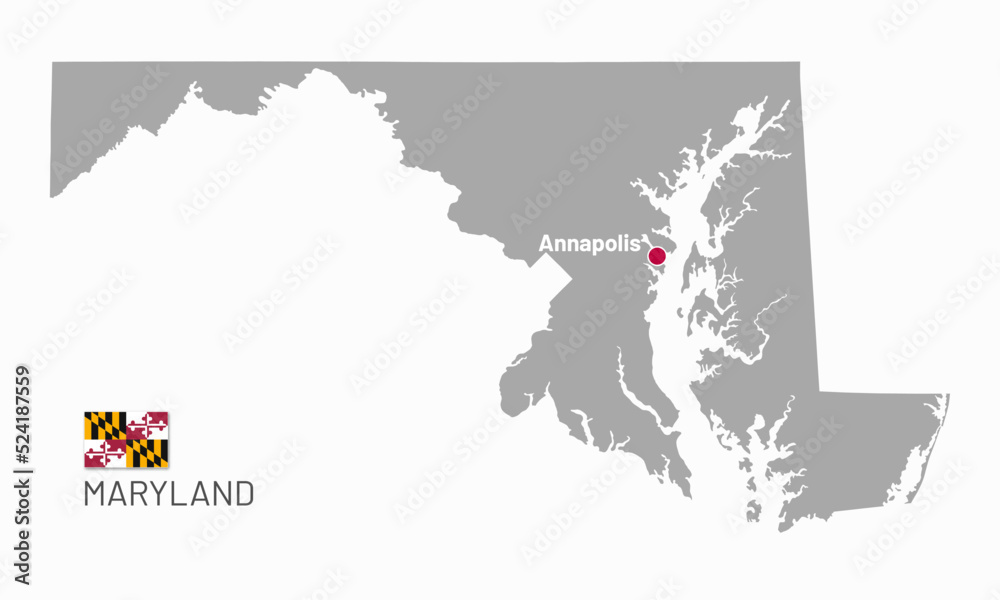 Gray map of Maryland, federal state of USA. Silhouette of Maryland ...