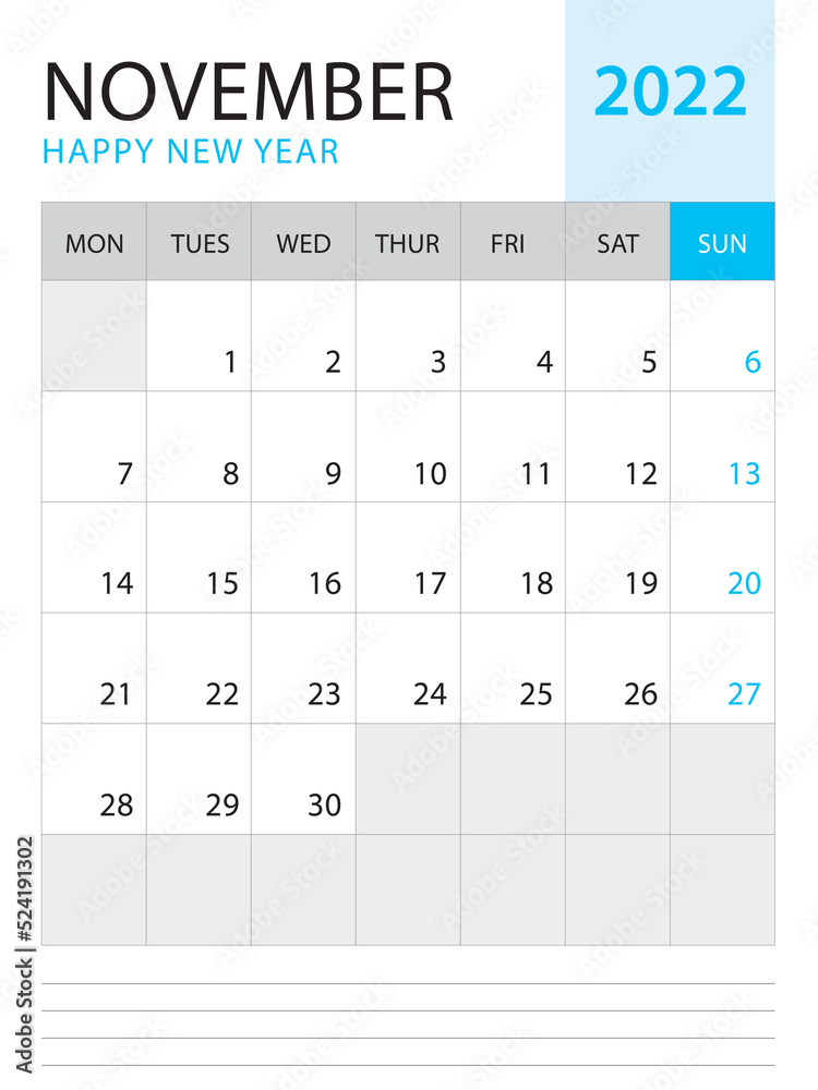 November 2022-Calendar 2022 template vector on blue background, week ...