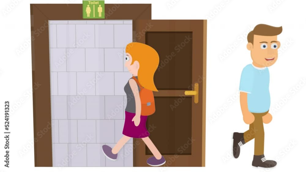 People in the toilet. Animation of a man and a woman near the bathroom ...