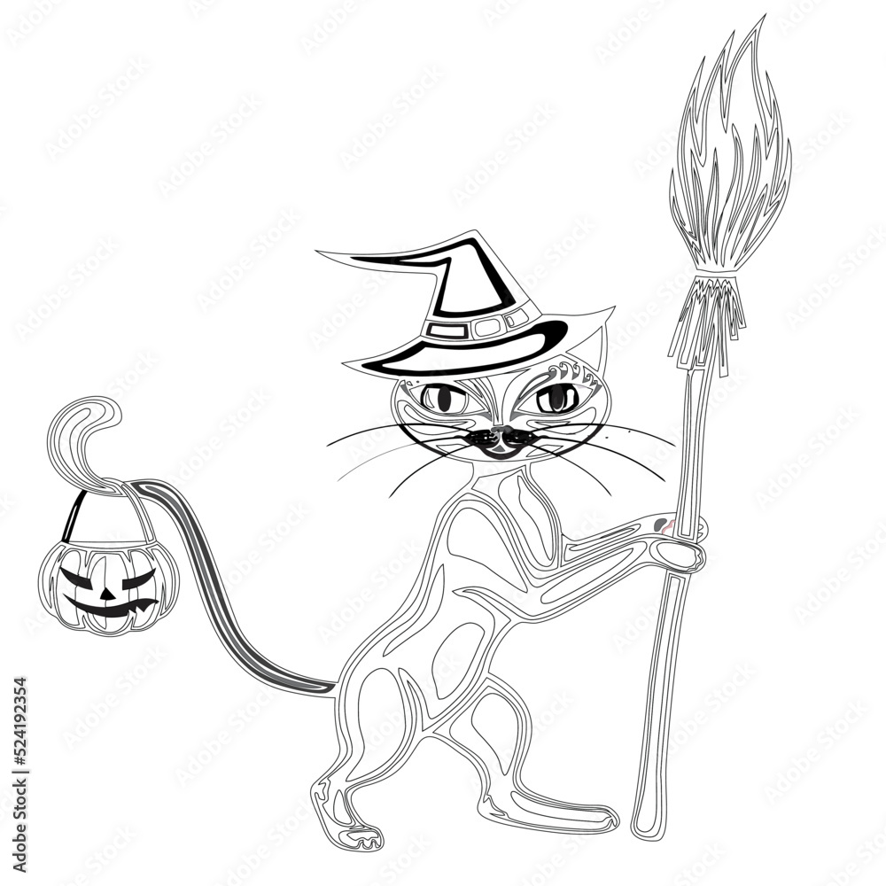 Halloween witch flying on broom .Vector illustration of a coloring on a ...