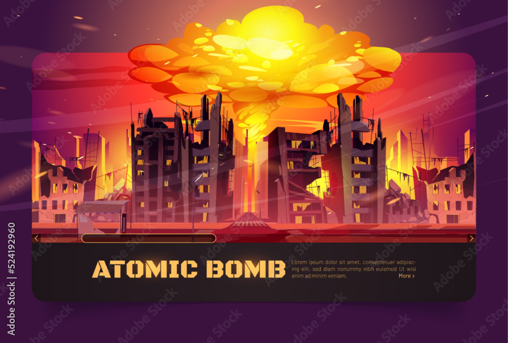 Atomic bomb explosion in destroyed city with broken buildings. Vector ...