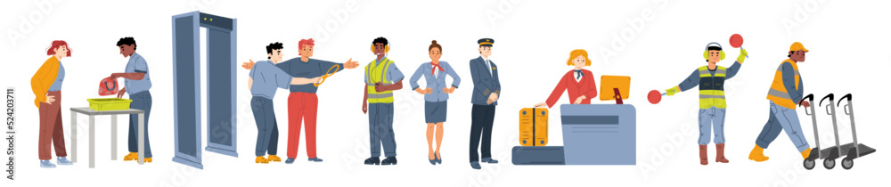 Airport staff, airline crew with pilot and stewardess, security and ...
