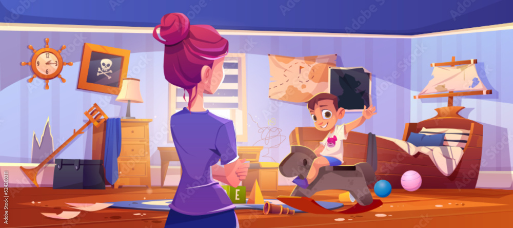 Fototapeta Mom watching naughty kid playing in messy room, cartoon ...