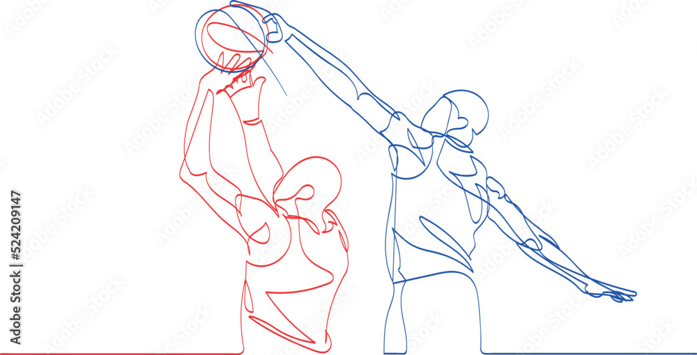 Continuous line art basketball blocking shot, defender stops jump shot ...