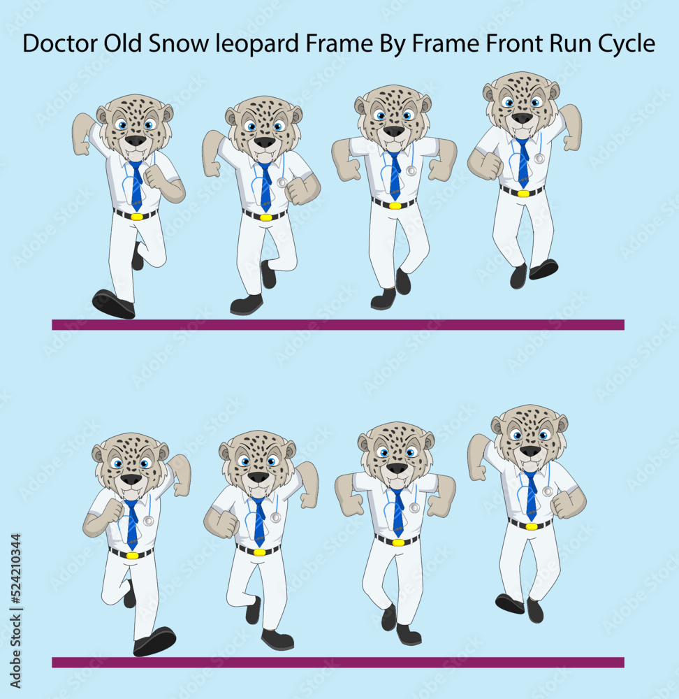 Aged Old Doctor Snow leopard Frame by Frame Front Run Cycle Vector ...