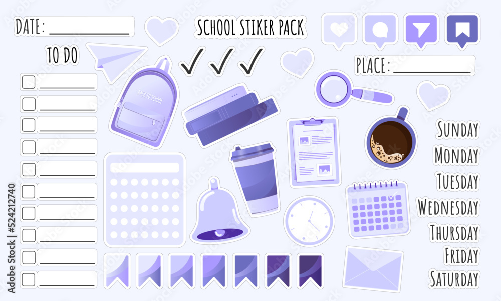 Back to school sticker pack. Set of school elements like a books, heart ...