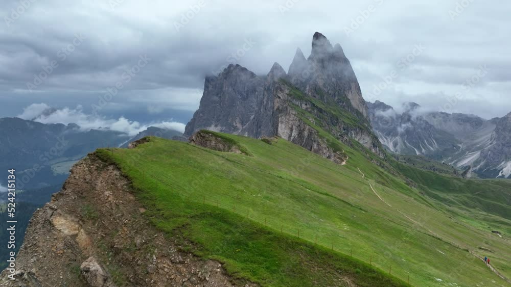 View from above, stunning aerial view of the mountain range of Seceda ...