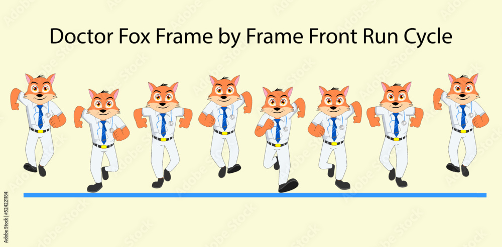 Cartoon Fox Front run cycle Vector illustration. Frame by Frame used ...