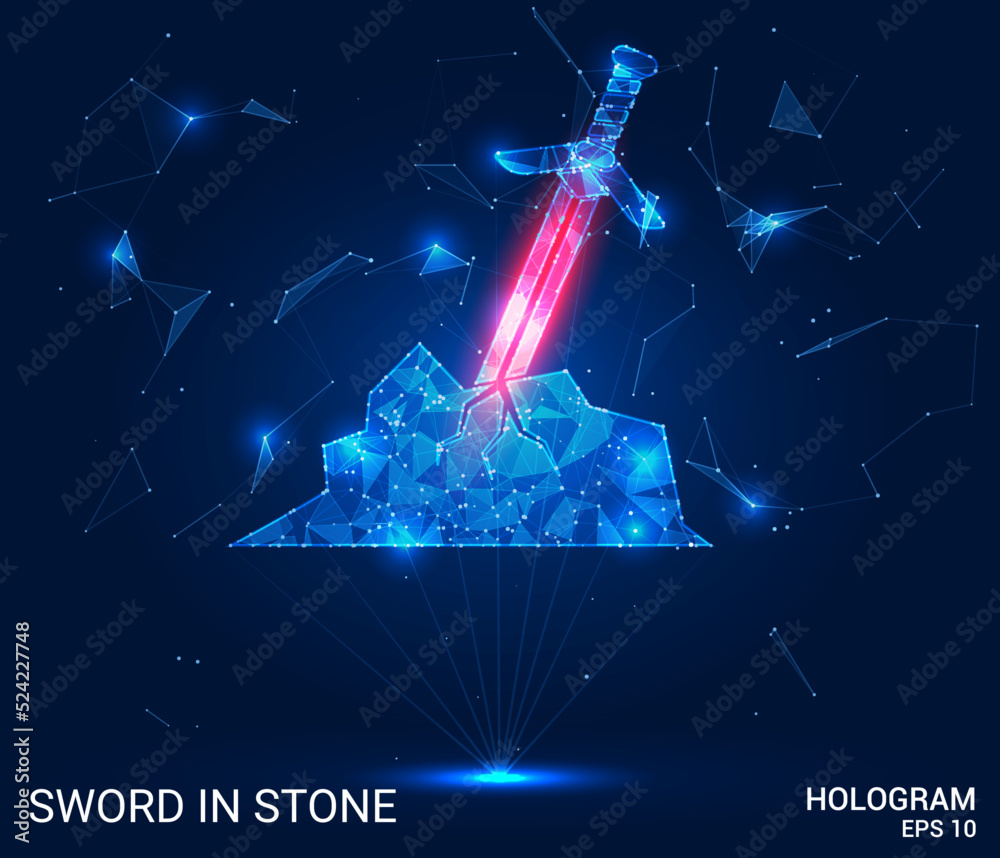 A hologram of a sword in stone. A sword stuck in a stone made of ...