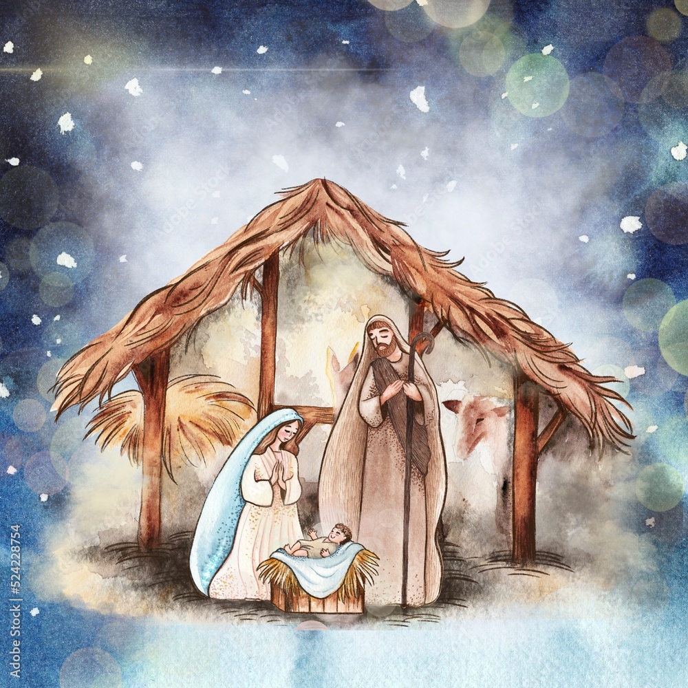 Christmas nativity scene of Joseph and Mary holding baby Jesus, hand ...