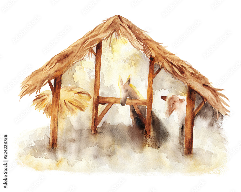 Christmas Birth of Jesus, Nativity scene with barn and animals Stock ...