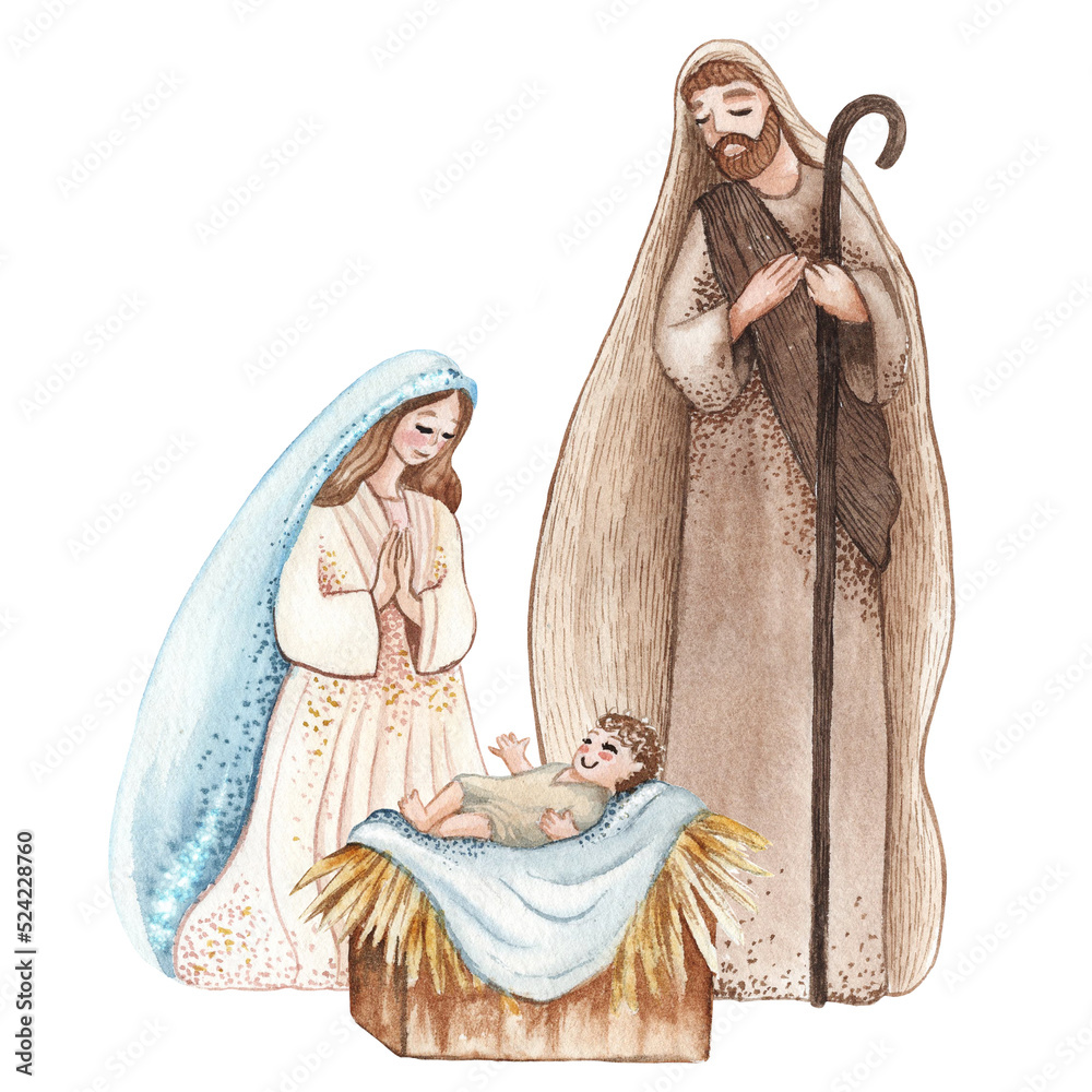Christmas nativity scene of Joseph and Mary holding baby Jesus, hand ...