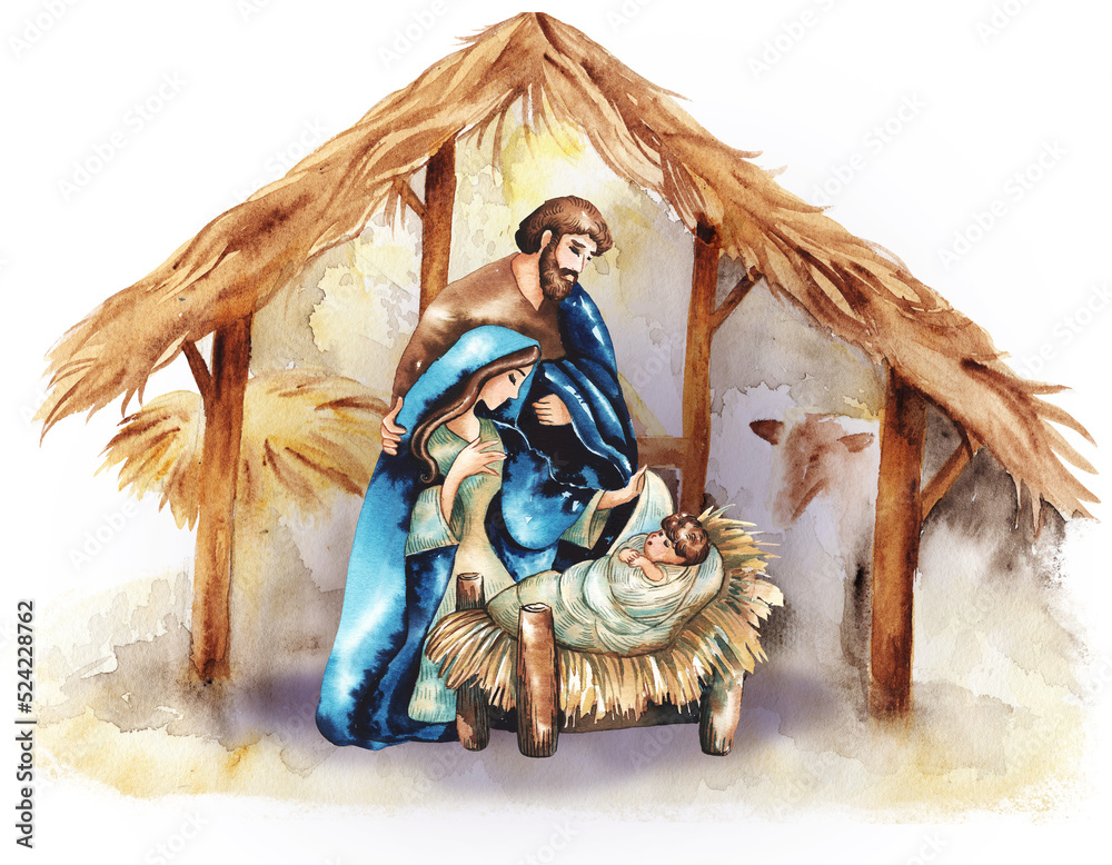 Christmas nativity scene of Joseph and Mary holding baby Jesus, hand ...