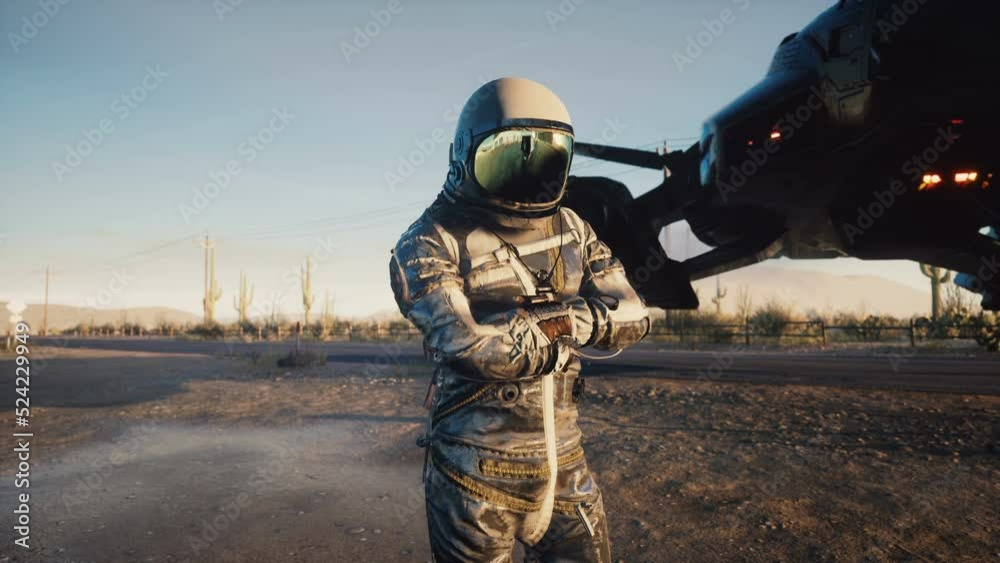 The spacecraft is refueled at a refueling station. Astronaut at a ...