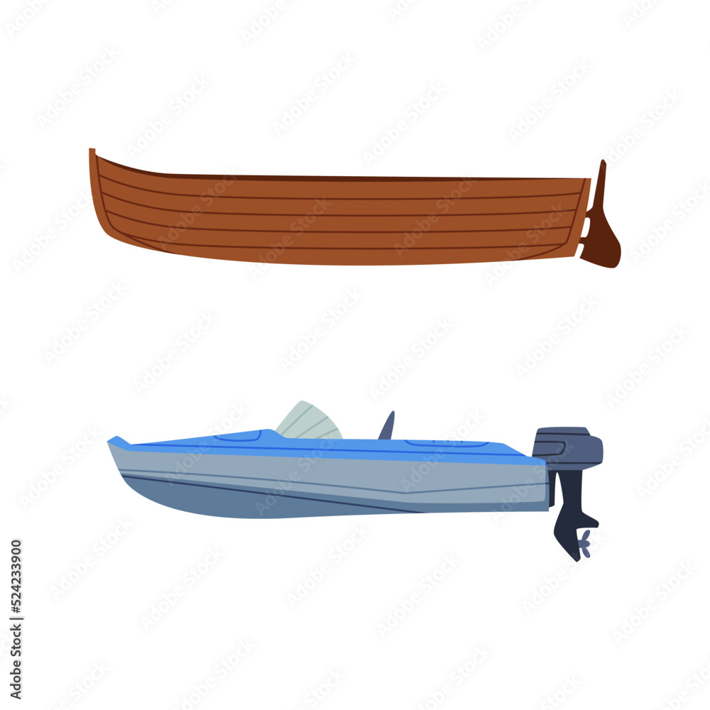 Set of water transport. Side view of motorboat and wooden boat cartoon ...