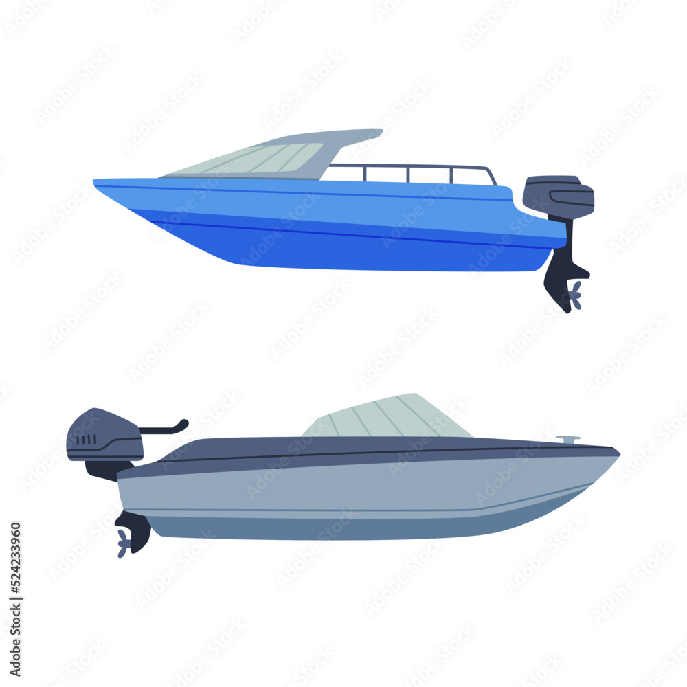 Set of water transport. Side view of motorboat and speedboat cartoon ...