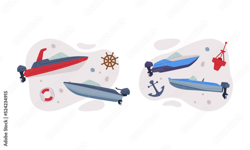 Sea water transport set. Modern motorboat and powerboat cartoon vector ...
