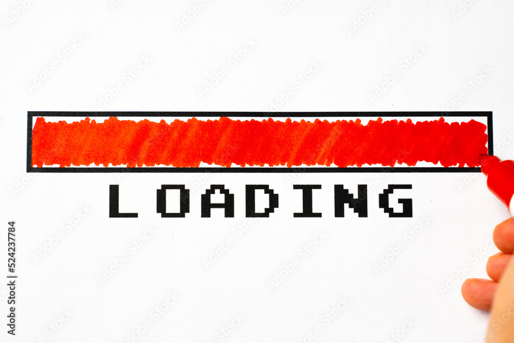 Loading line. The download process. A hand with a red marker strokes ...