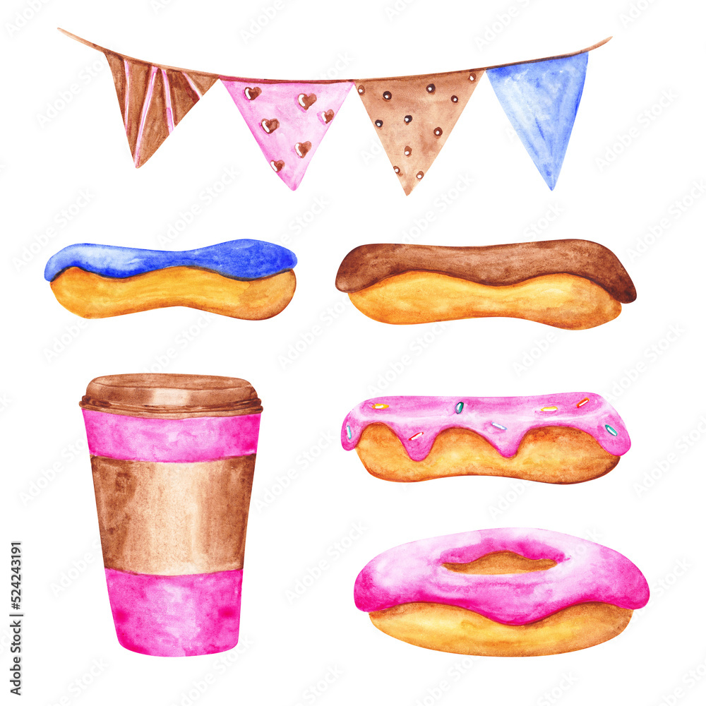 Donuts, birthday garland, eclairs, and a coffee cup illustration. Set ...