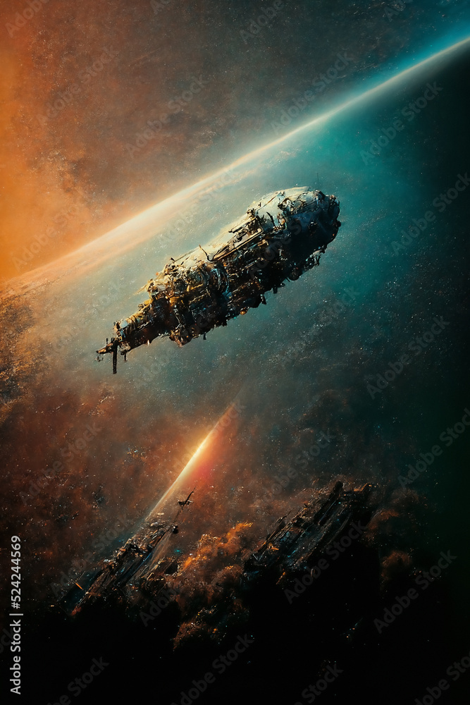 Scifi scene of space ship fleet in outer space, science fiction ...