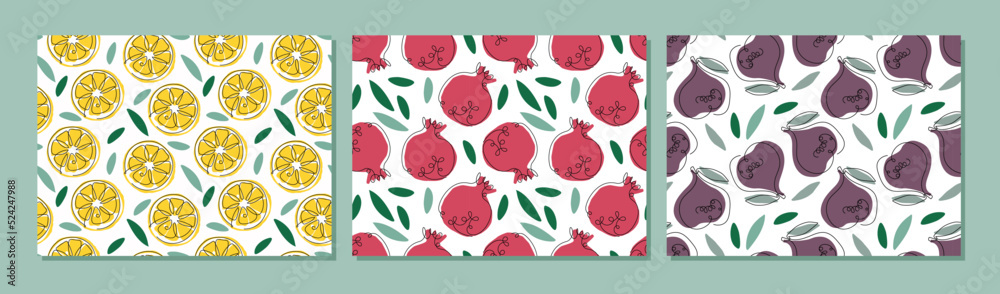 Fruit seamless pattern set. Three pattern. Continuous one line drawing ...
