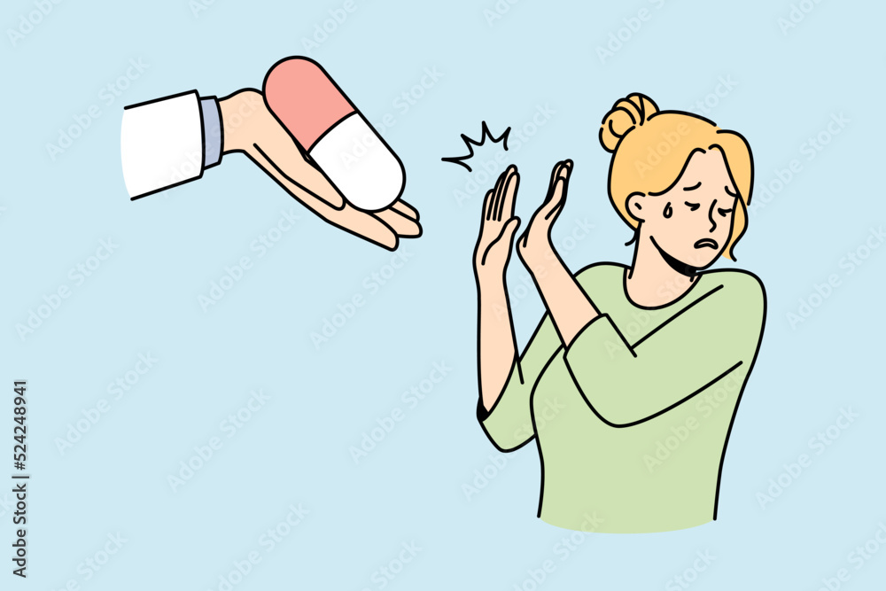 Unhappy Woman Refuse Taking Medication Offered By Doctor Anxious