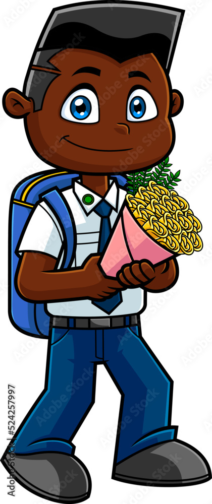 Smiling African American Boy Cartoon Character Goes To School Carrying ...