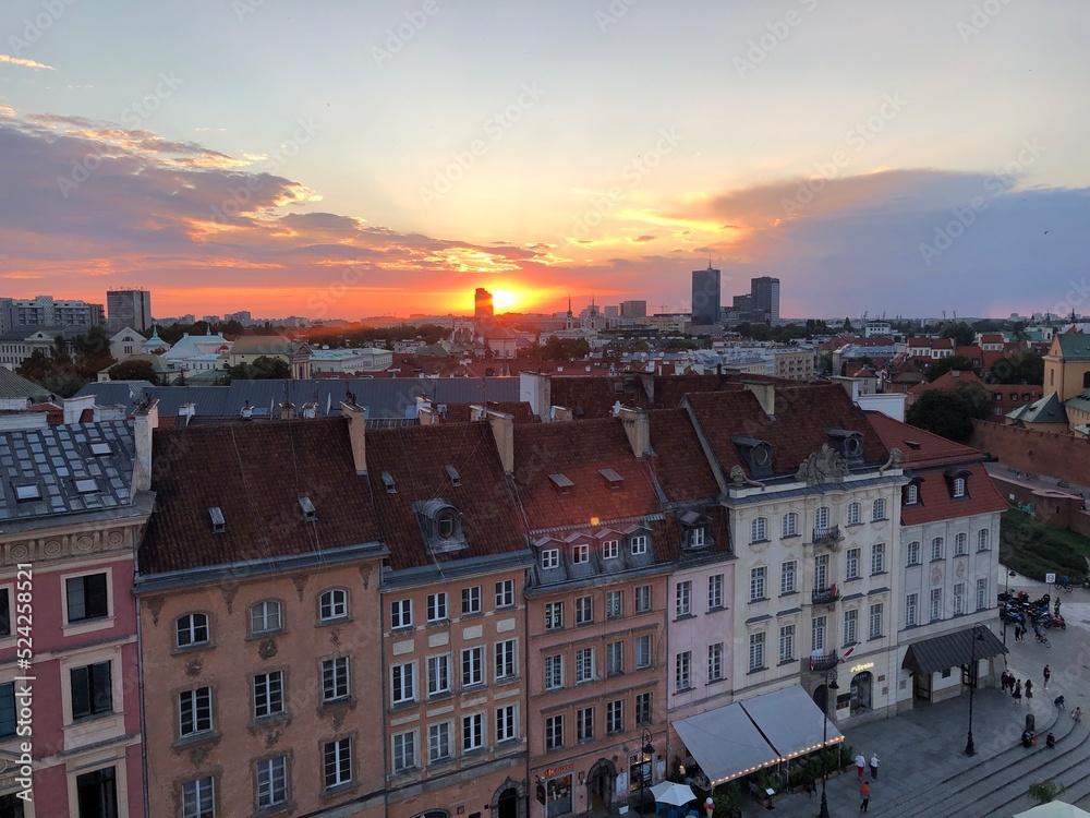 Warsaw city view with beautiful houses at fascinating sunset, Warsaw ...