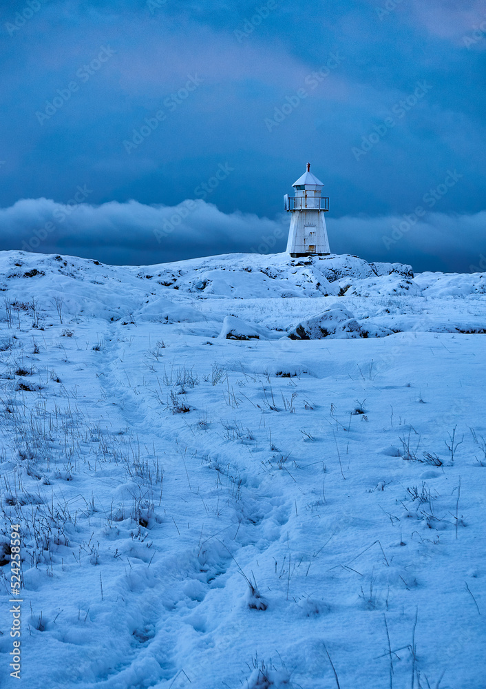 One of the lighthouses on Vigra during a winter sunset, Giske, Ålesund ...