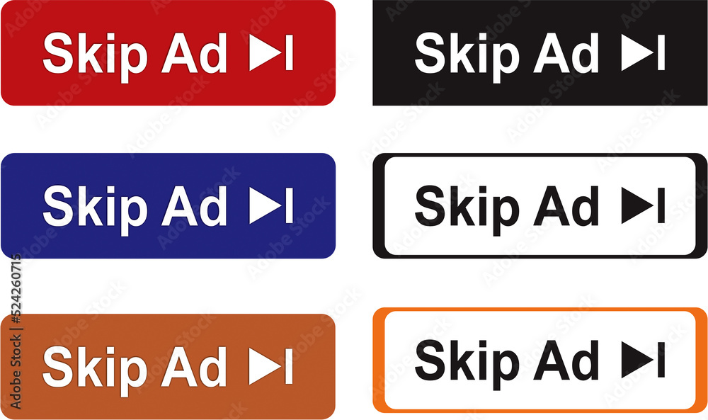 Set of skip ad advertisement icons on white background. flat style. skip ad buttons for your web ...